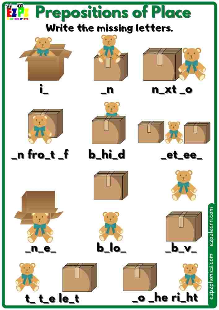 Prepositions of Place Vocabulary Write the Missing Letters Worksheet - Ezpzlearn.com